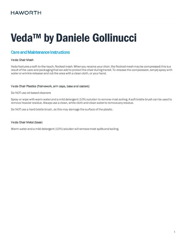 Veda Care and Maintenance Guide | Details Page | Haworth